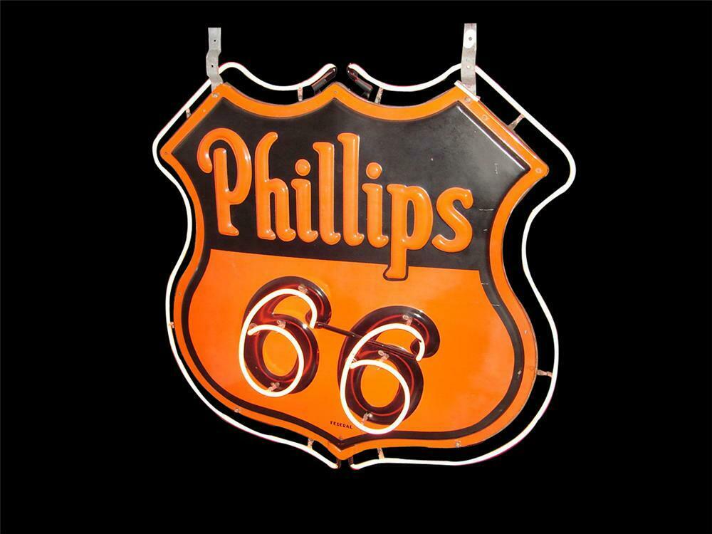 Extraordinary 1940s Phillips 66 shield shaped double-sided em