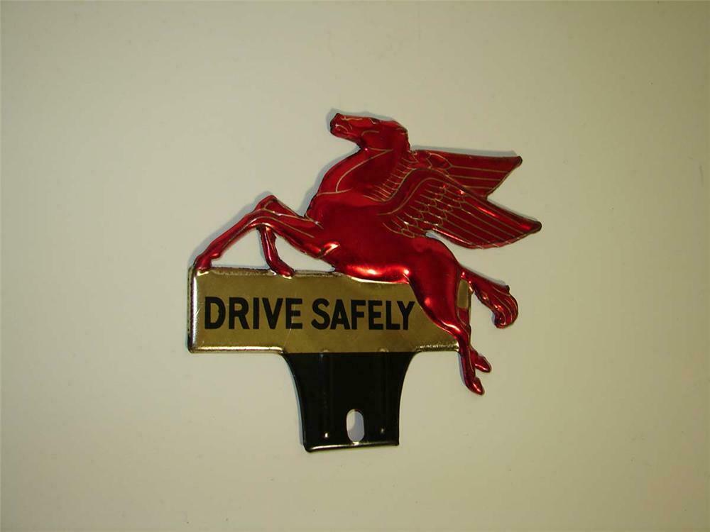 Excellent 1940s Mobil Oil 'Drive Safely' license plate attach