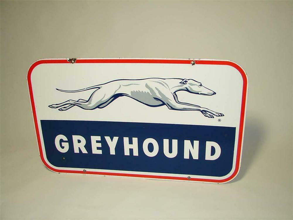 1950s Greyhound Bus Lines double-sided porcelain depot sign w