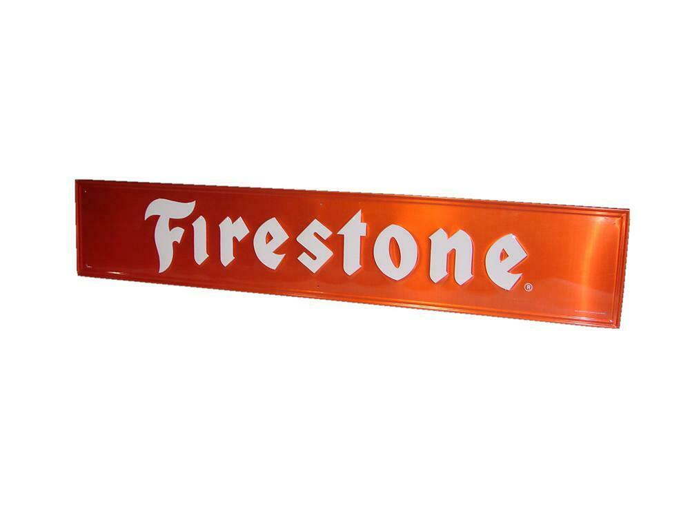 N.O.S. Firestone Tires horizontal embossed tin garage sign.