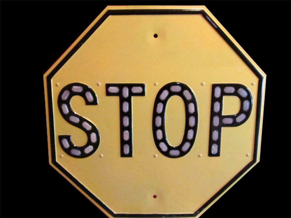 Early 1930s cast metal authentic highway stop sign with glass