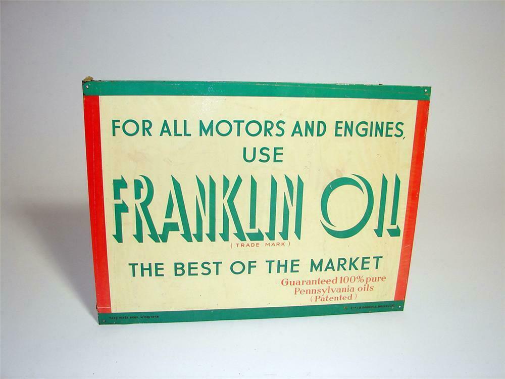 N.O.S. 1948 Franklin Motor Oil single-sided tin automotive ga