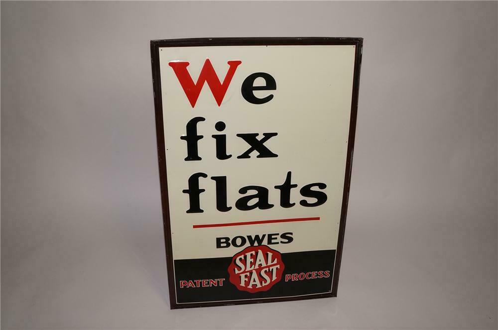 Unusual 1930s Bowes 'We Fix Flats' self-framed embossed tin g