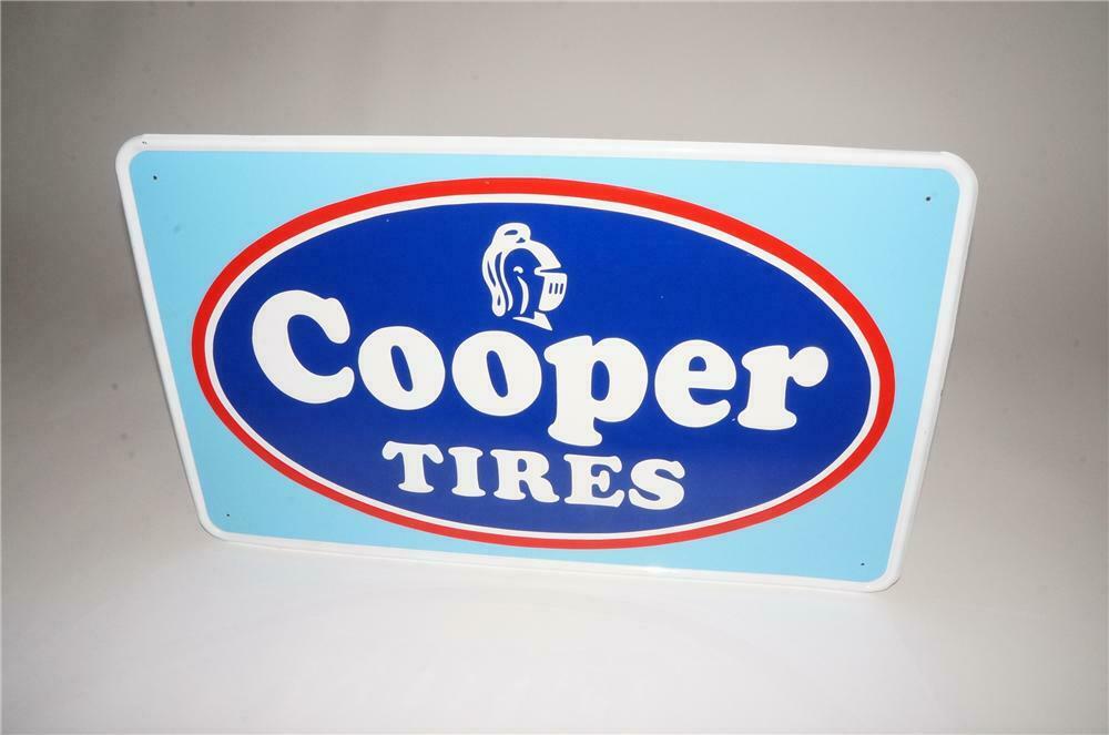 Sharp N.O.S. 1960s Cooper Tires embossed tin garage sign with