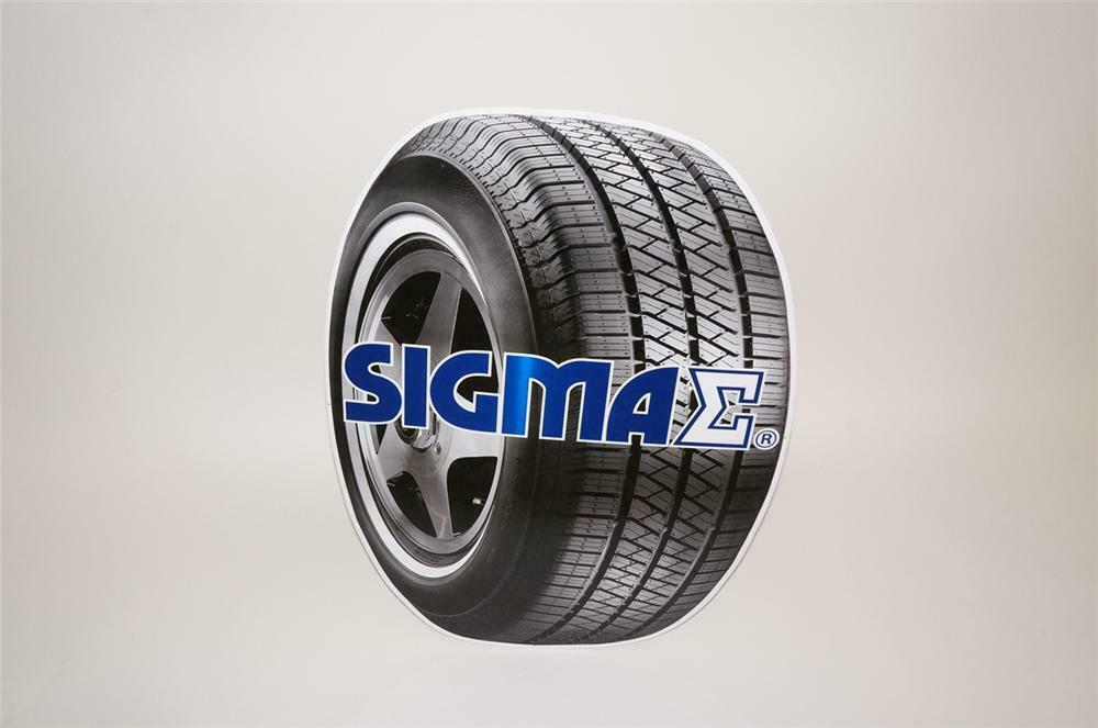 N.O.S. Sigma Tires die-cut tin tire shaped automotive garage