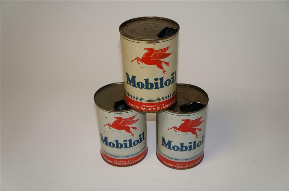 Lot of three 1940s-50s Mobiloil Metal Quart cans with Pegasus