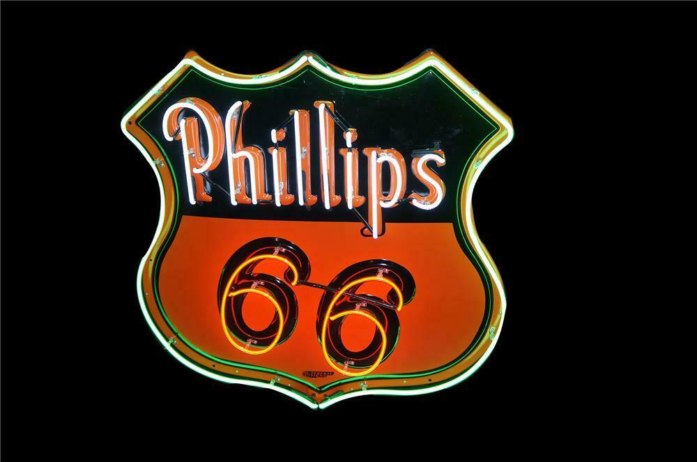 Marvelous 1957 Phillips 66 neon porcelain shield shaped servi