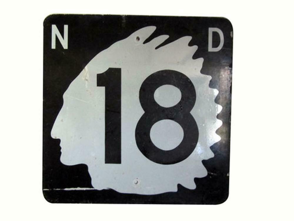 Sharp vintage North Dakota highway 18 metal road sign with Native ...