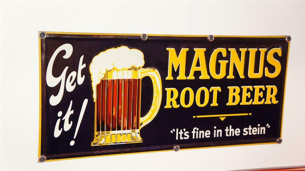 N.O.S. 1919 Magnus Root Beer single-sided tin Root Beer sign.