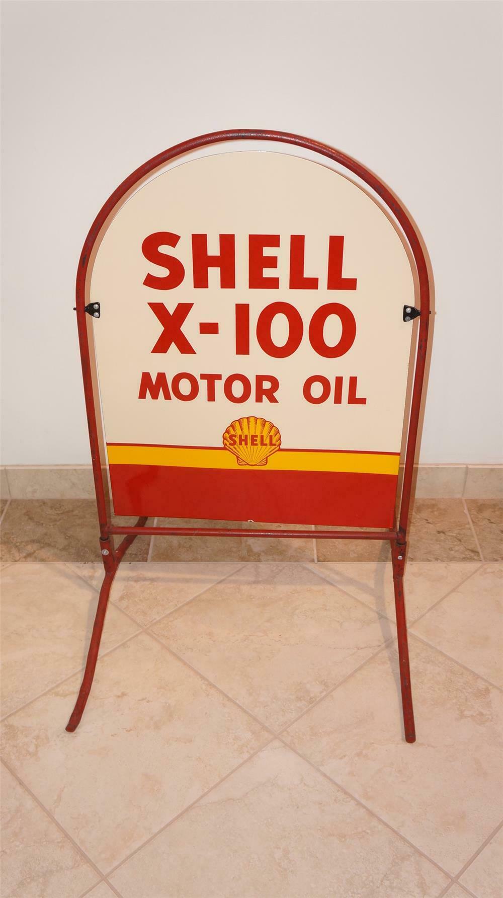 Rare N.O.S. Shell X-100 Motor Oil double-sided porcelain serv