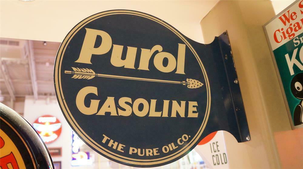Late 1920's-30's Pure Oil Gasoline tin flange sign with arrow