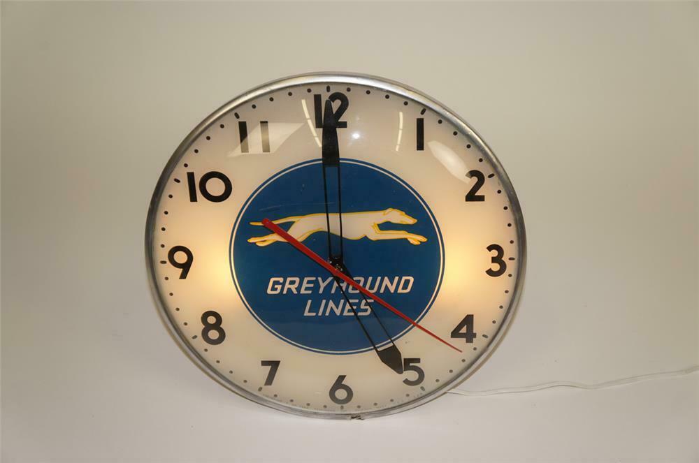 1950's Greyhound Bus Lines light-up glass faced depot clock b