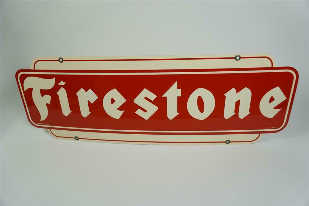 Fabulous NOS Firestone Tires double-sided tin sign.