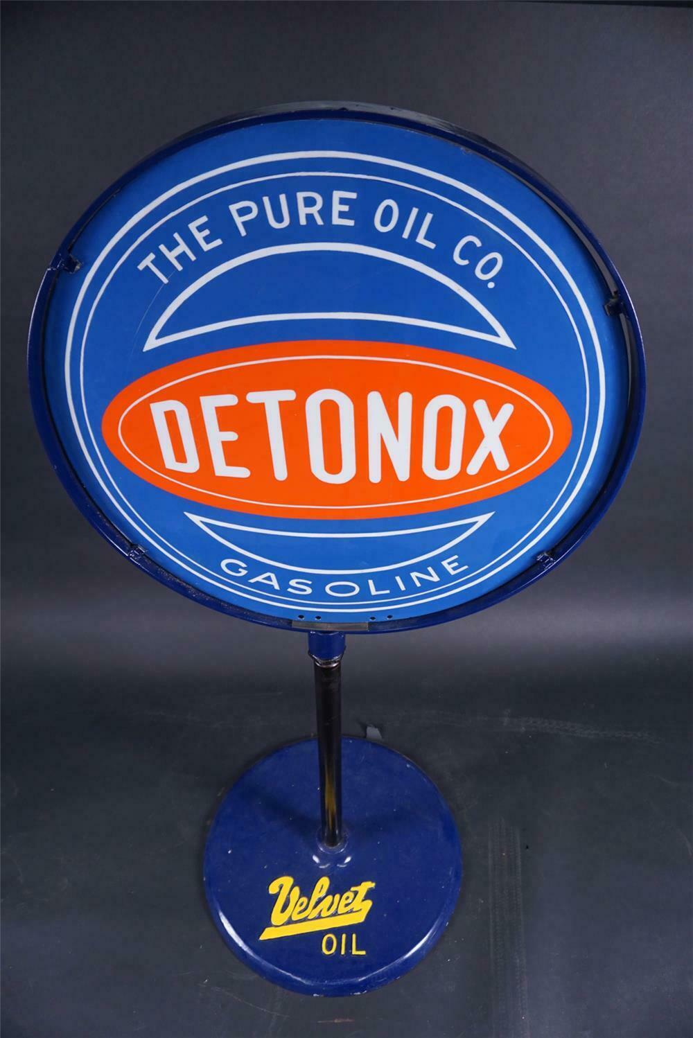 Scarce 1930s Pure Oil Detonox Gasoline double-sided porcelain