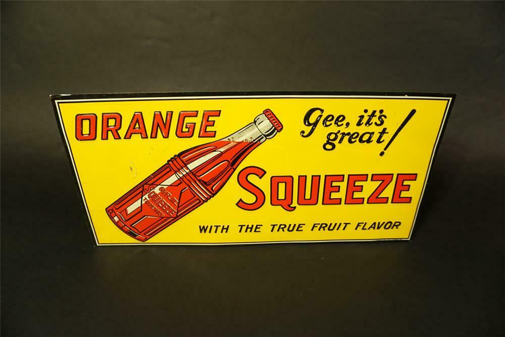 NOS early 1930s Orange Squeeze Soda single-sided embossed tin sign ...