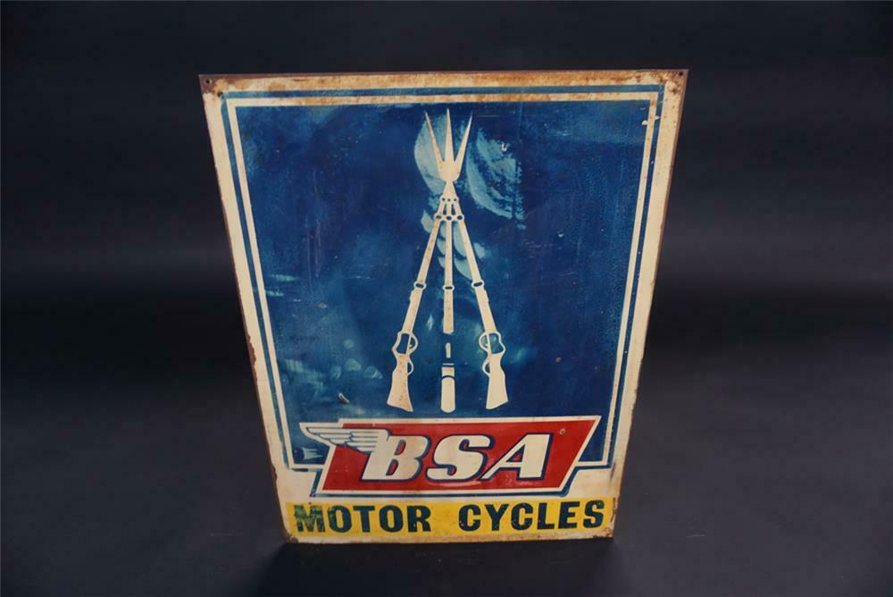 Vintage BSA Motor Cycles single-sided tin sign with patina.