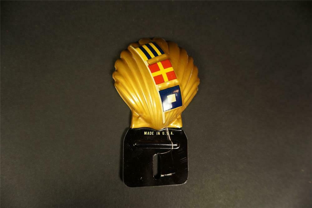 NOS 1930s Shell Oil 'Share the Road' clam shell shaped licens