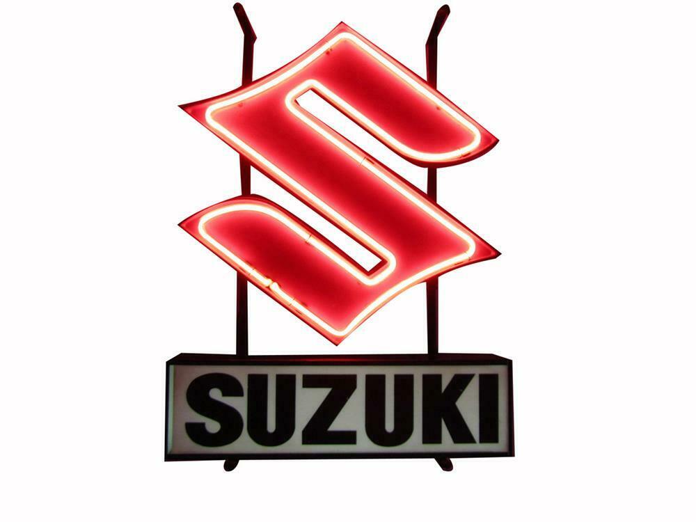 Suzuki Motorcycles showroom sales dealership neon sign.