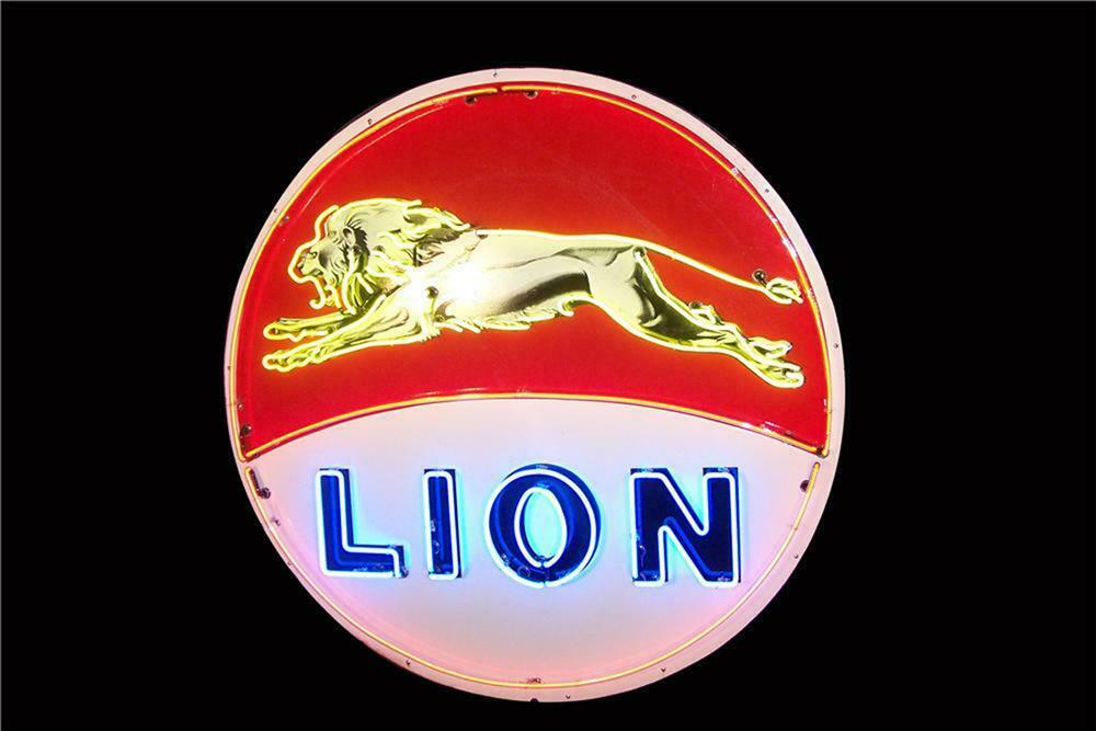 Magnificent 1950s Lion Gasoline single-sided porcelain neon s