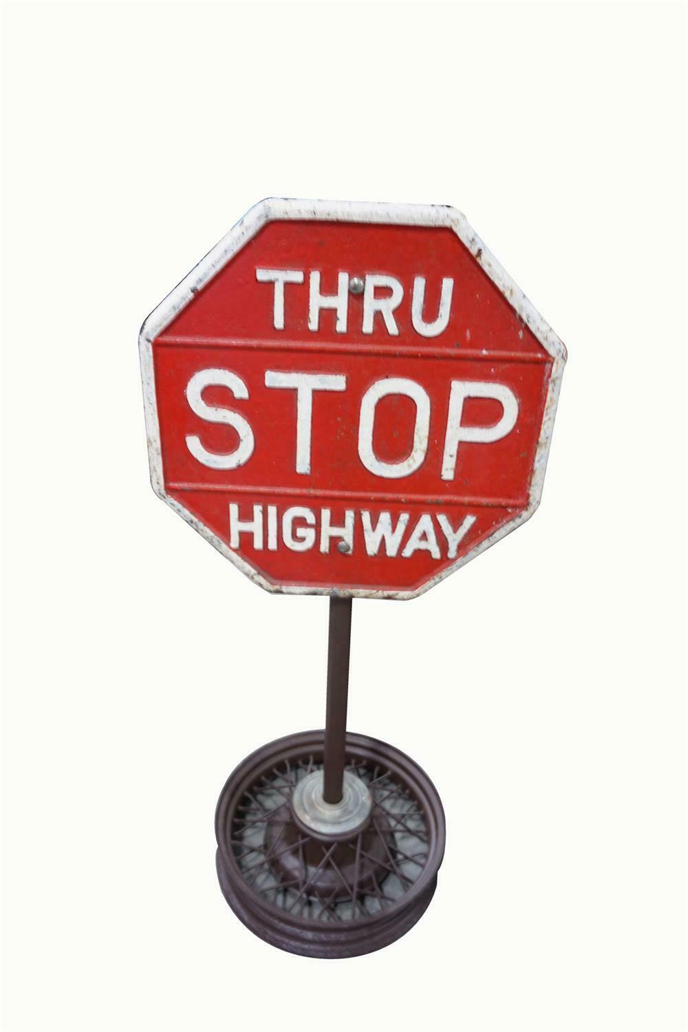 Circa 1930s Stop Thru Highway cast metal highway road sign on