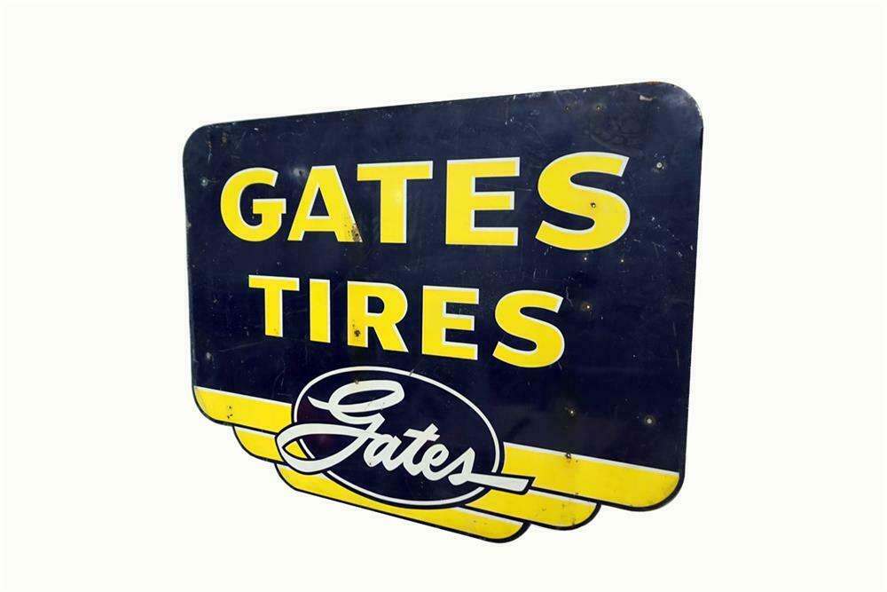 Large 1950s Gates Tires tin painted automotive garage sign.