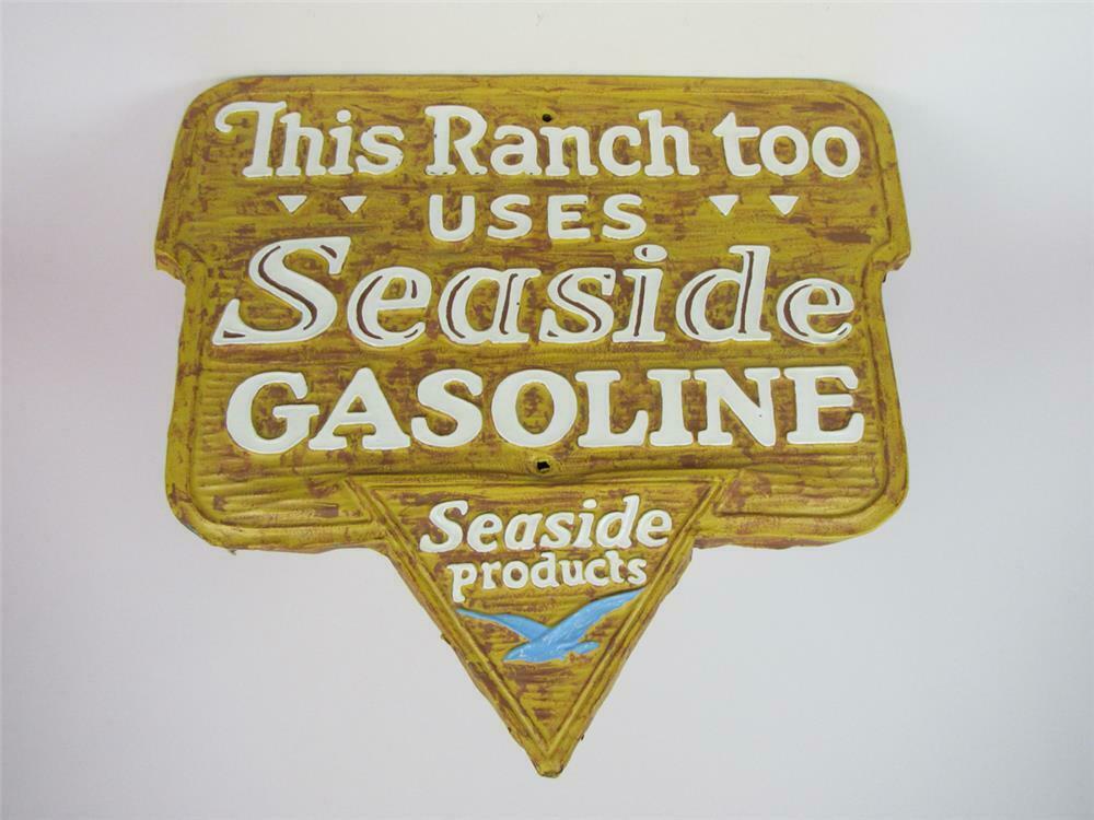 Restored 1940s Seaside Gasoline 'Ranch Uses' tin over wood em