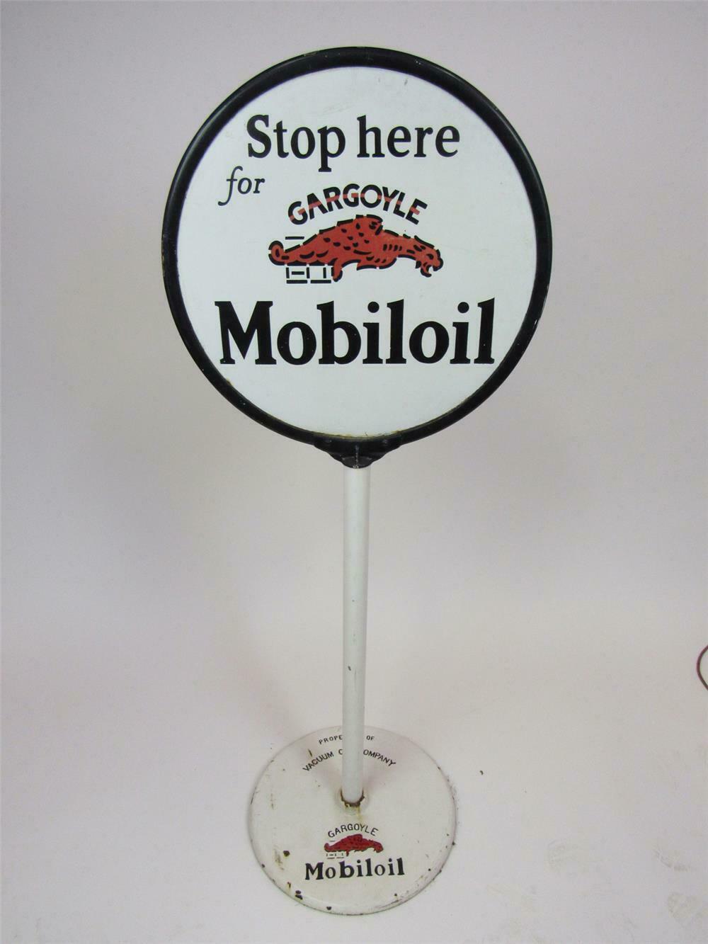 1930s Gargoyle Mobil Oil double-sided porcelain curb sin with