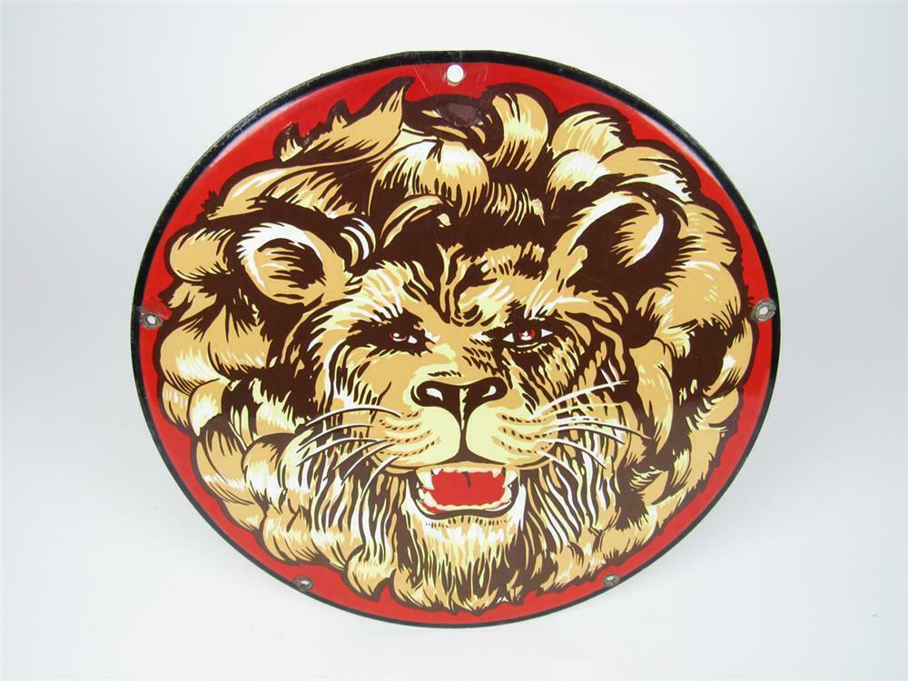 Fabulous 1940s Lion single-sided porcelain sign with killer L