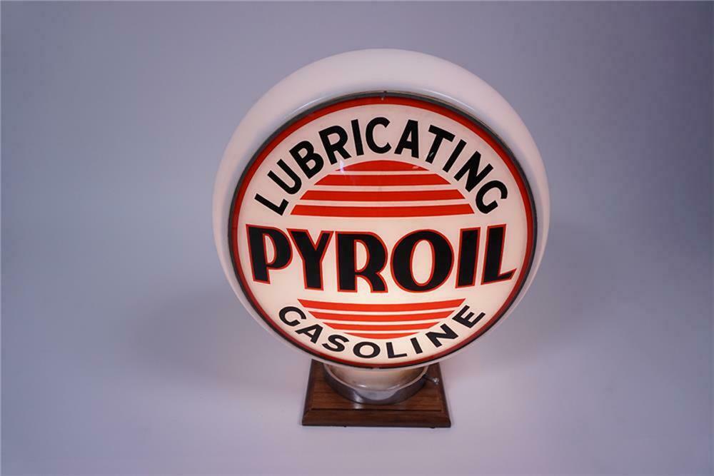 Unusual 1930s-40s Pyroil Lubricating Gasoline glass-bodied ga
