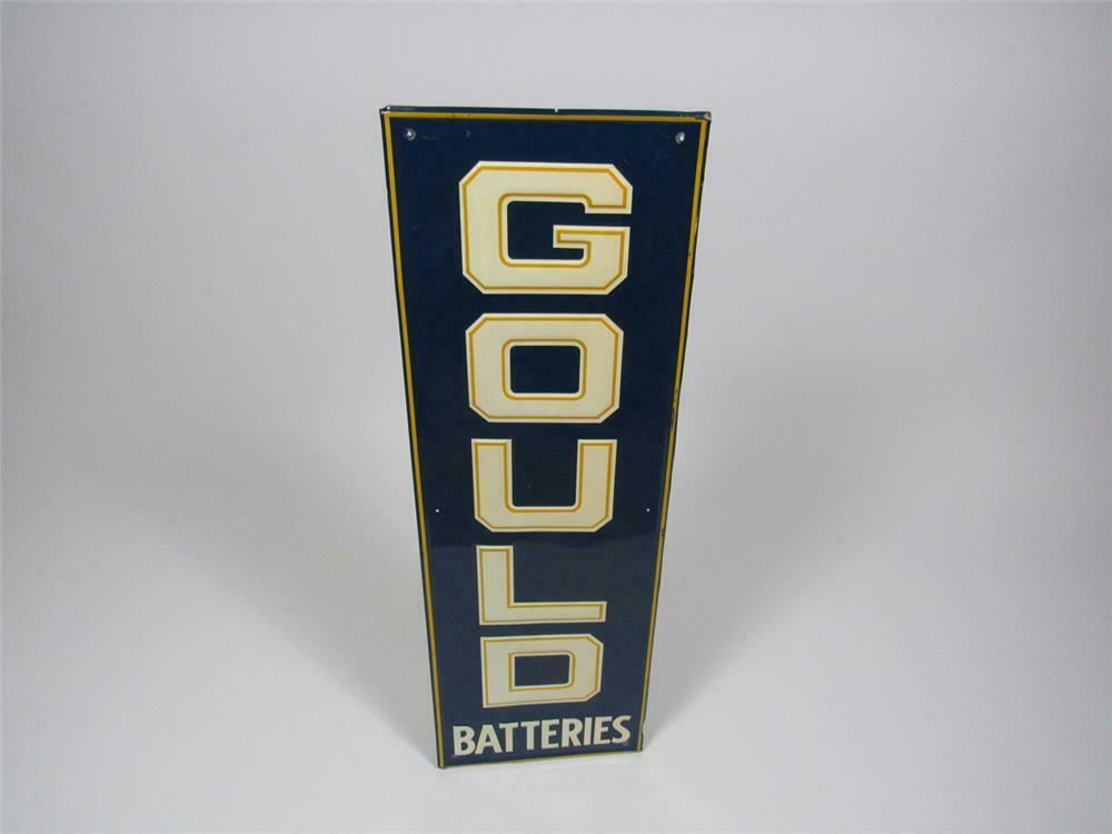 Very nice 1940s Gould Batteries single-sided vertical embosse
