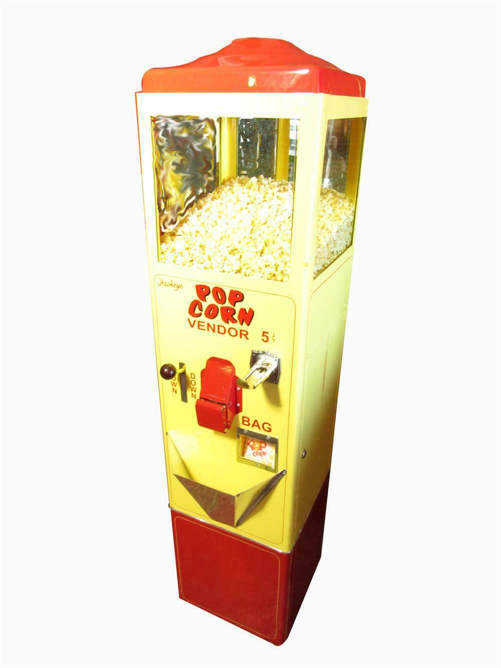 Perfectly restored 1950s Hawkeye 5-cent popcorn stand-up disp