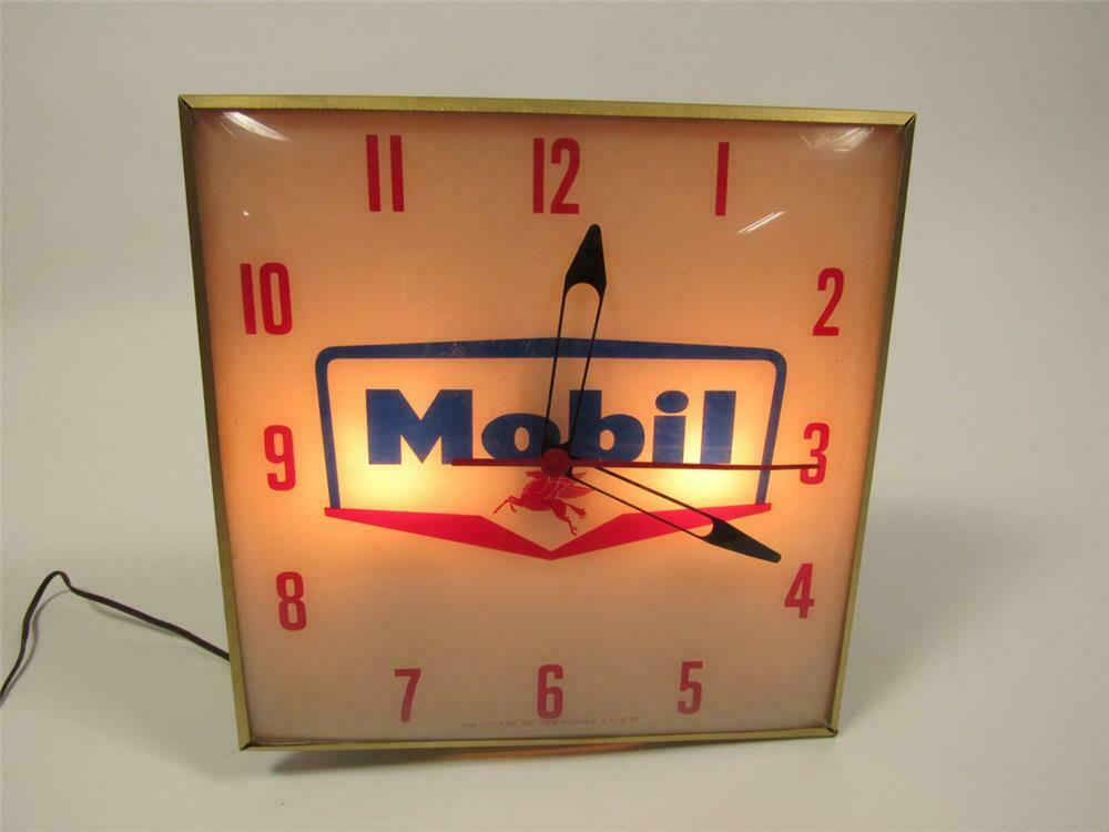Tremendous 1959 Mobil Oil glass-faced light-up service station clock ...