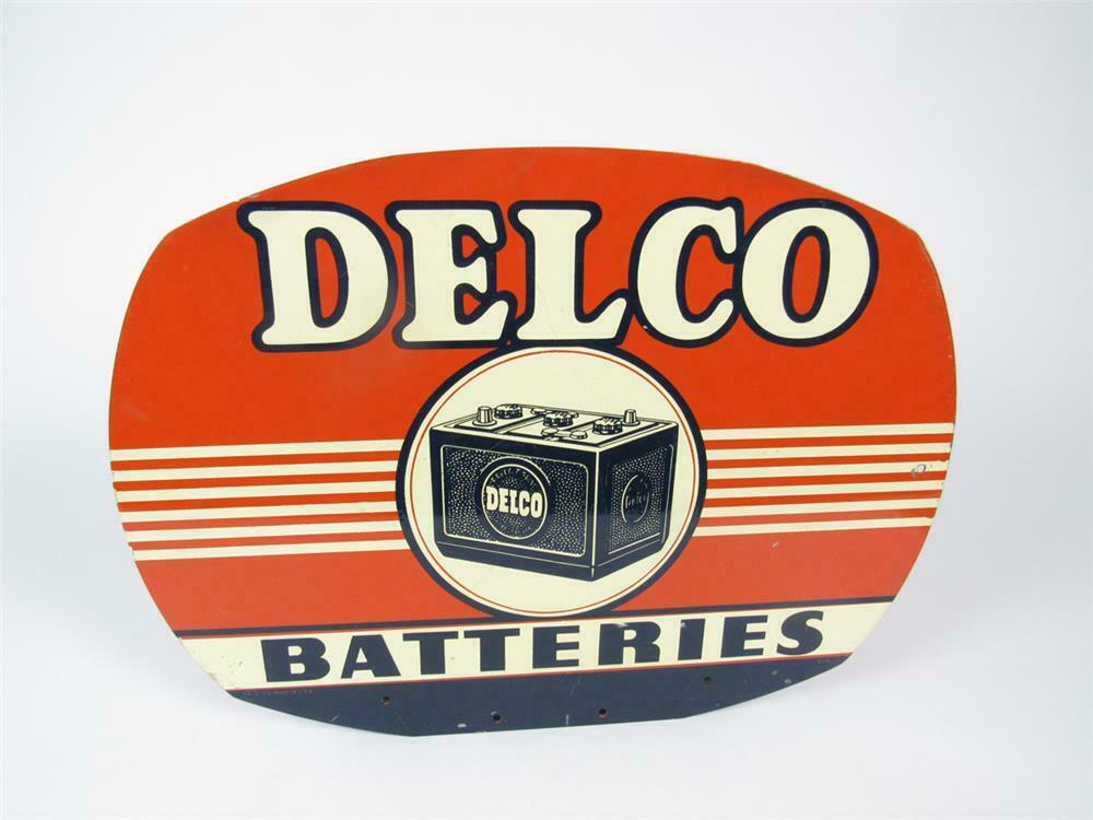 Wonderful 1948 Delco Batteries double-sided tin sign with per