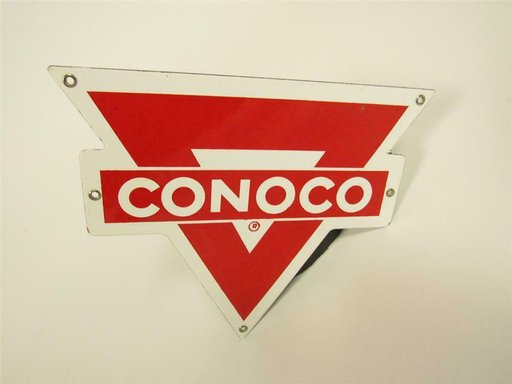 Sharp NOS 1950s Conoco Oil single-sided die-cut porcelain pum