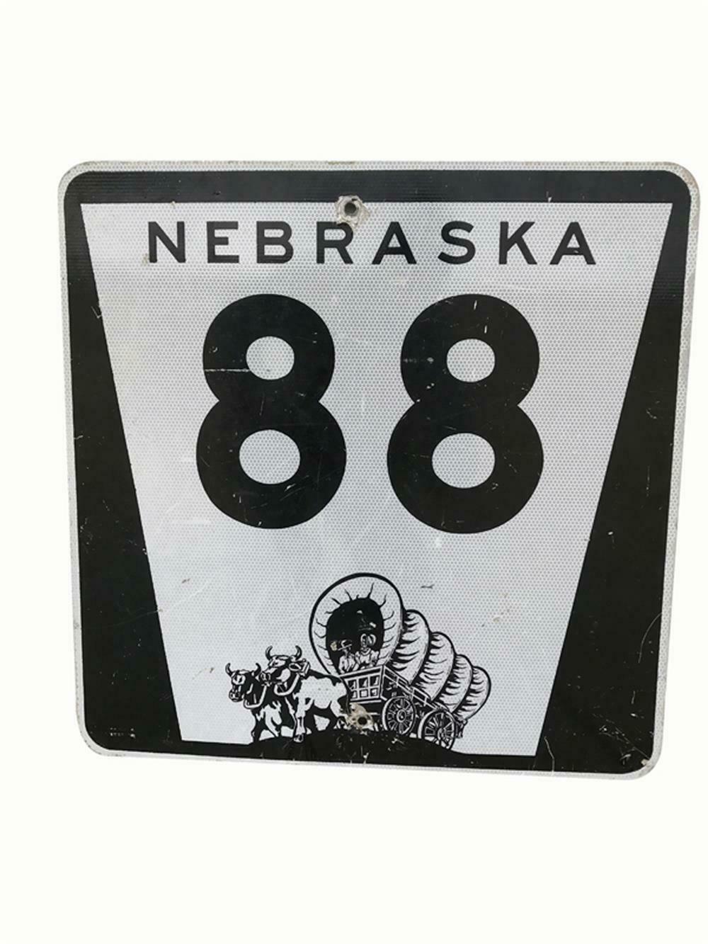 Vintage Nebraska 88 metal highway road sign with Pioneer cove