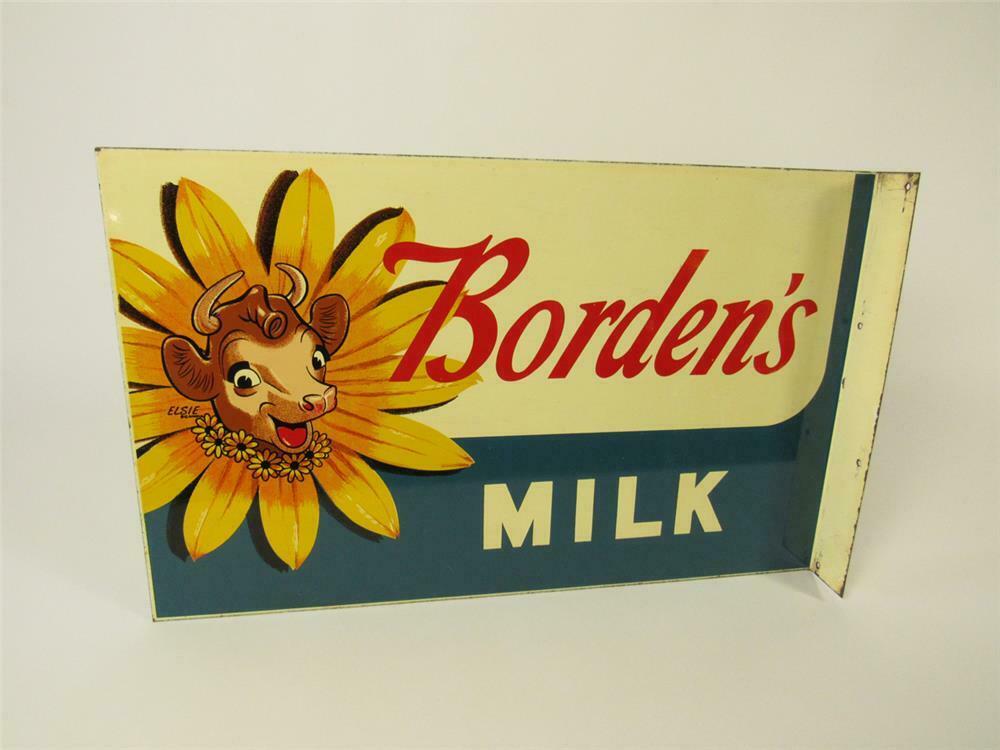 NOS 1950s Borden's Milk double-sided tin flange sign featurin
