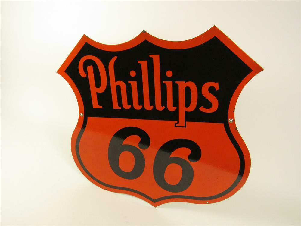 Striking 1948 Phillips 66 Oil double-sided porcelain shield-s