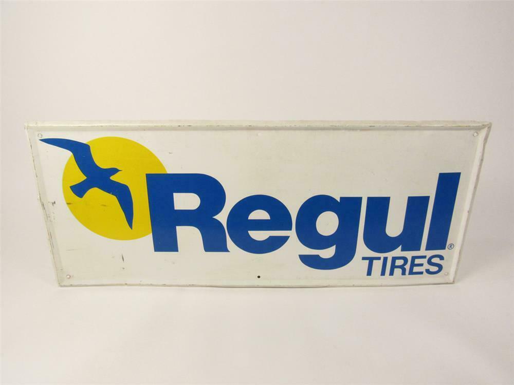 Circa late 1960s Regul Tires single-sided self-framed tin sig