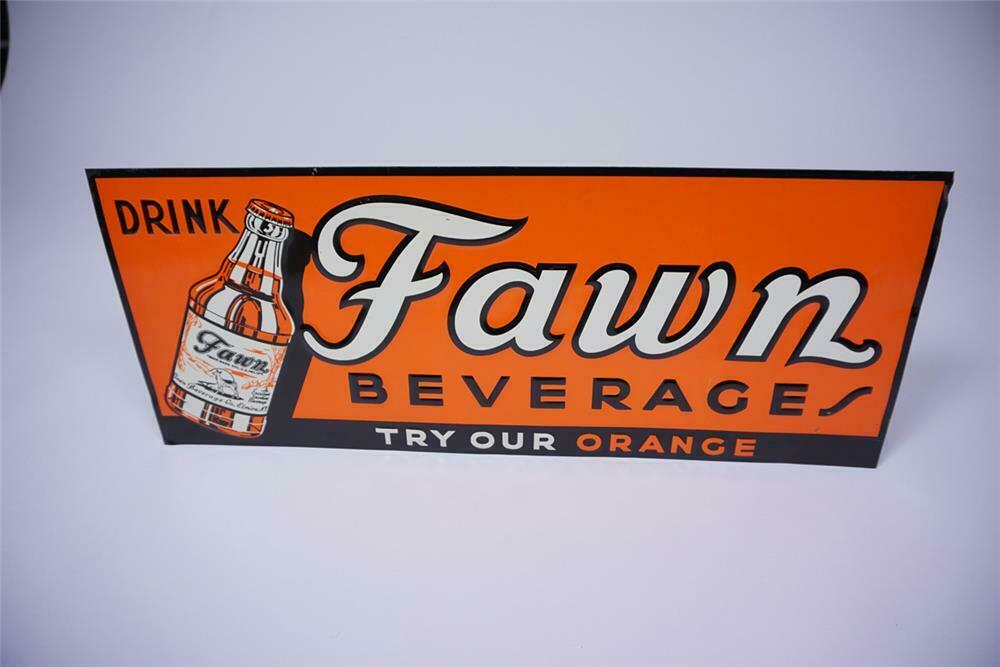 Unusual 1930s Fawn Orange Beverages single-sided embossed tin
