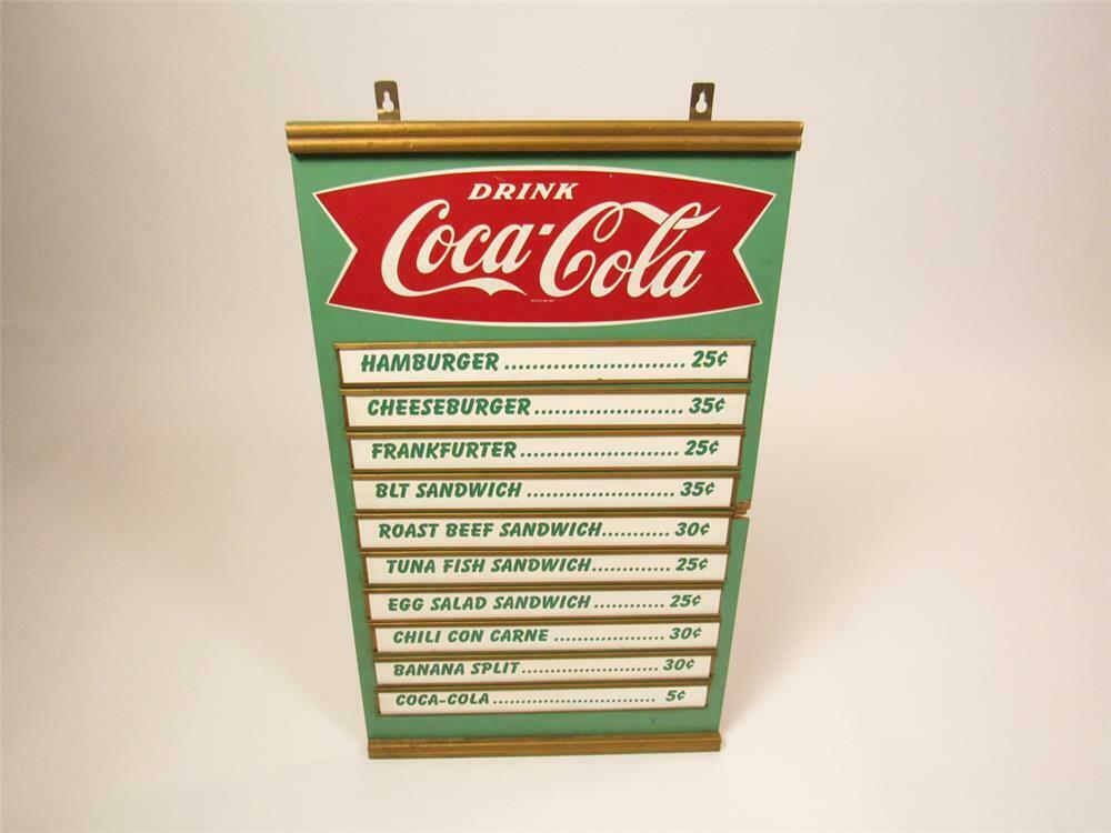 Circa 1940s-50s Drink Coca-Cola diner menu board with fishtai