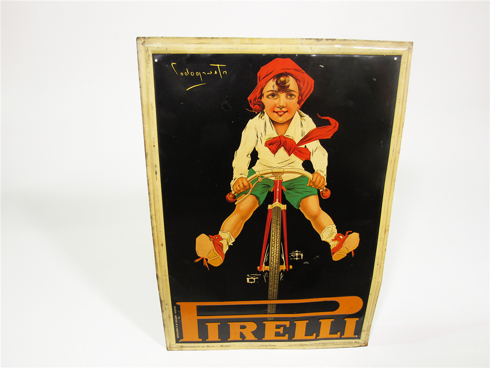 1930 PIRELLI BICYCLE TIRES TIN LITHO SIGN