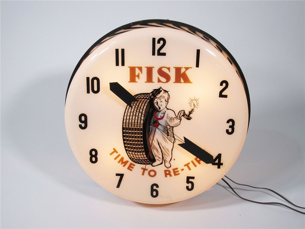 CIRCA 1950S FISK TIRES LIGHT-UP AUTOMOTIVE GARAGE CLOCK