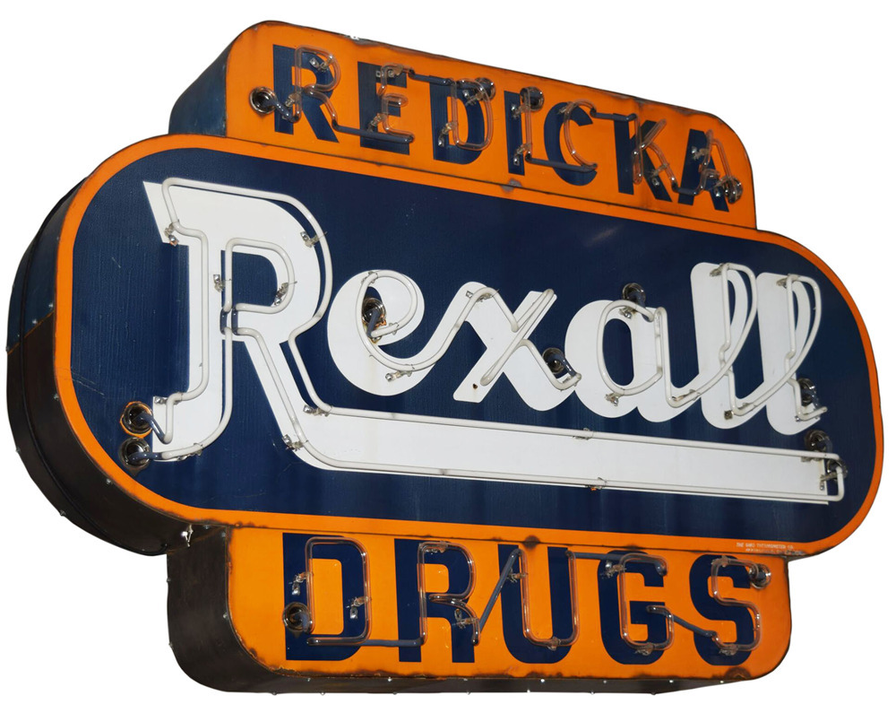 CIRCA 1940S-50S REXALL DRUGS DOUBLE-SIDED NEON PORCELAIN STOR
