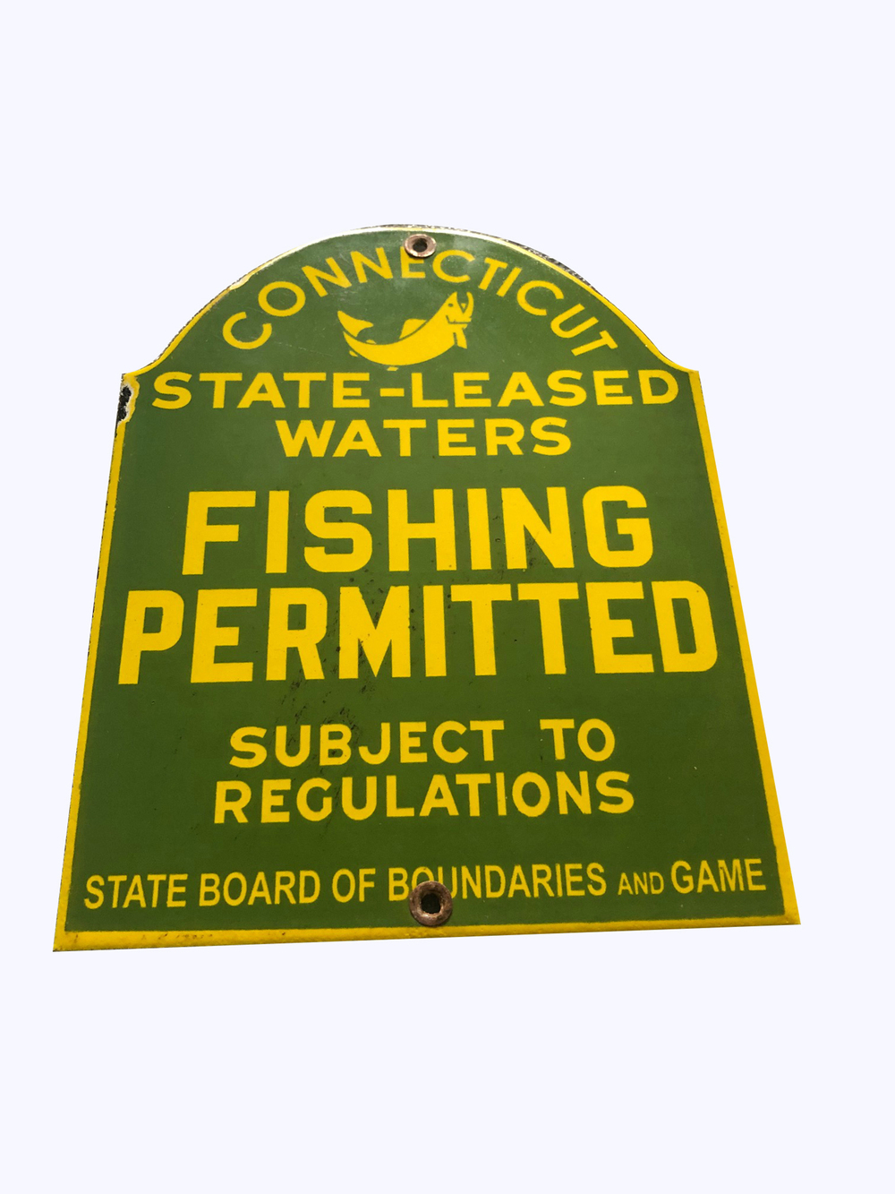 1930S CONNECTICUT FISHING PERMITTED PORCELAIN SIGN - Front 3/4 - 232955