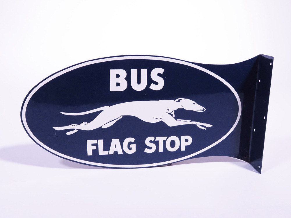 1940S-50S GREYHOUND BUS LINES 'FLAG STOP' TIN SIGN