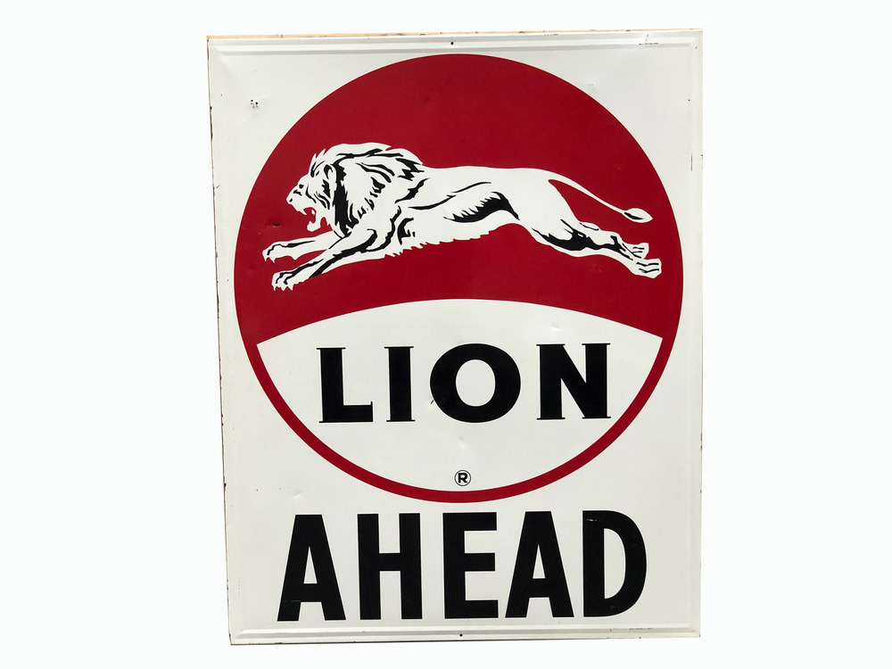 LATE 1950S-EARLY '60S 'LION AHEAD' TIN SIGN