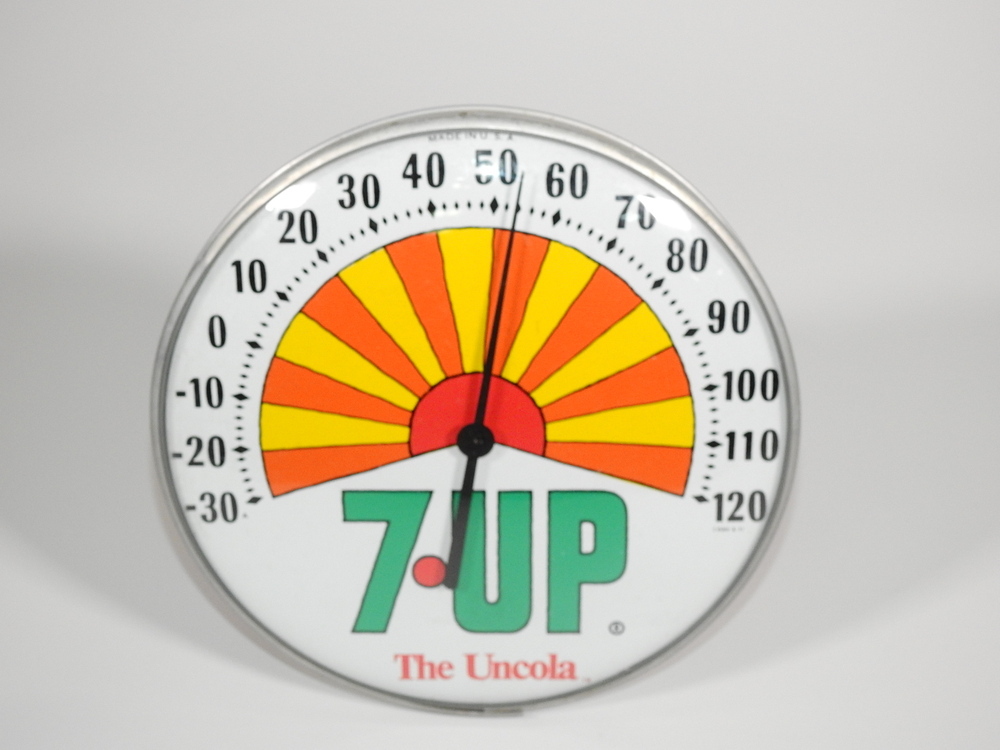 1960S 7UP GLASS-FACED THERMOMETER