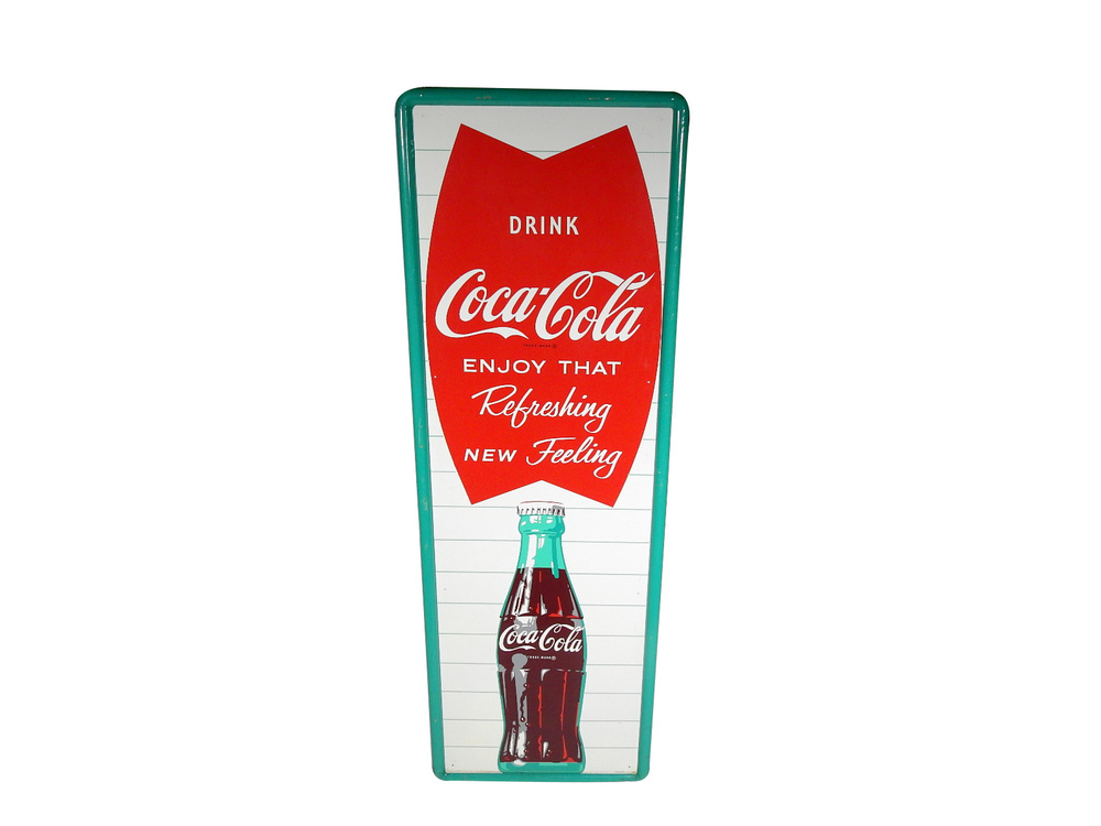 Late 1959s Coca-Cola vertical self-framed tin sign with bottl