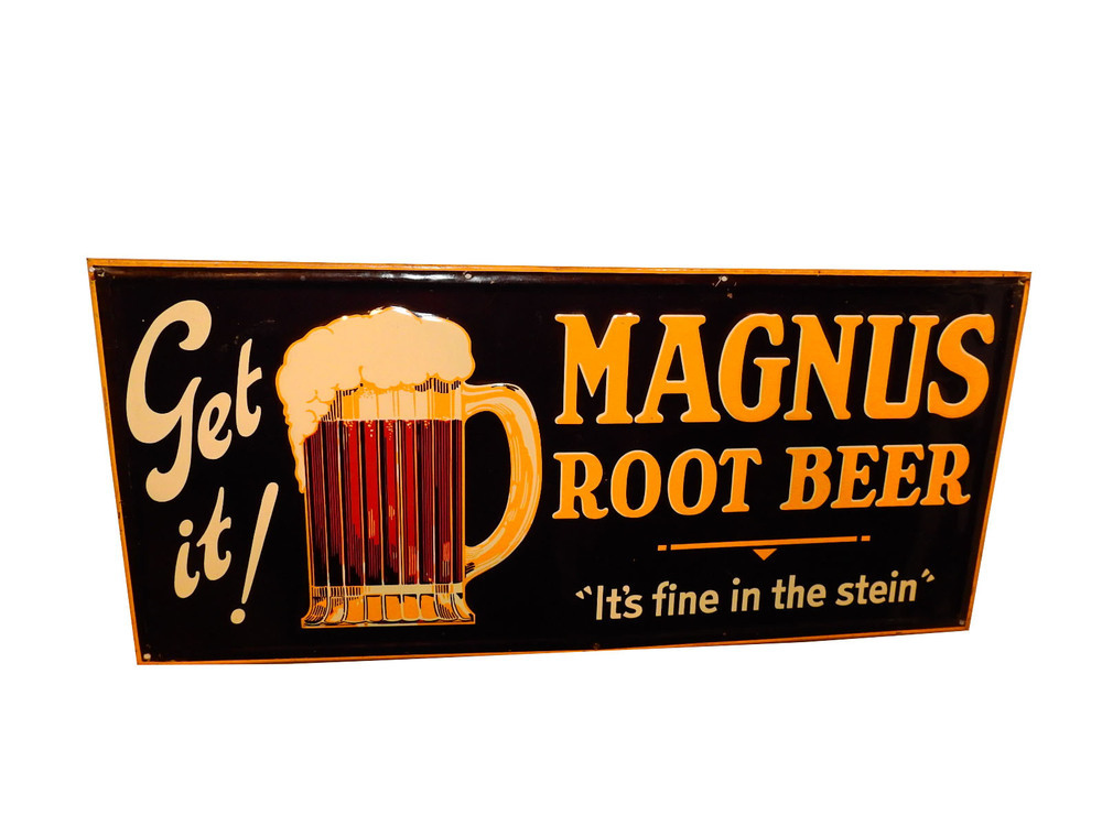 1920S MAGNUS ROOT BEER EMBOSSED TIN SIGN