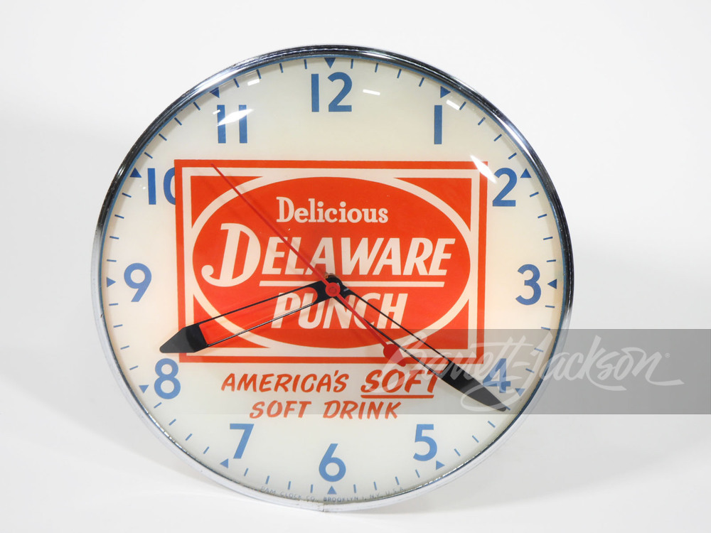 1950S DELAWARE PUNCH GLASS-FACED LIGHT-UP CLOCK